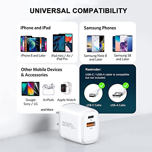 3-Pack Fast Charging Block, Upgraded 20W USB C Wall Charger Block, Dual Port PD Power Delivery Type C Charge Adapter Brick for iPhone 13/12/11 /Pro/Max/Mini/iPad/Samsung Galaxy, Watch Series 7(White)