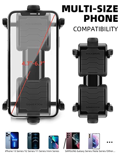 ROCKBROS Bike Phone Holder- Adjustable Motorcycle Phone Mount Handlebar Clip for Bicycle Scooter, Cell Phone Clamp for 4.1" - 6.7" Smartphones iPhone 14 Plus/Pro Max, 13 Pro Max, S9, S10 and More