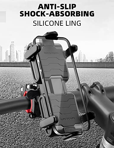 ROCKBROS Bike Phone Holder- Adjustable Motorcycle Phone Mount Handlebar Clip for Bicycle Scooter, Cell Phone Clamp for 4.1" - 6.7" Smartphones iPhone 14 Plus/Pro Max, 13 Pro Max, S9, S10 and More