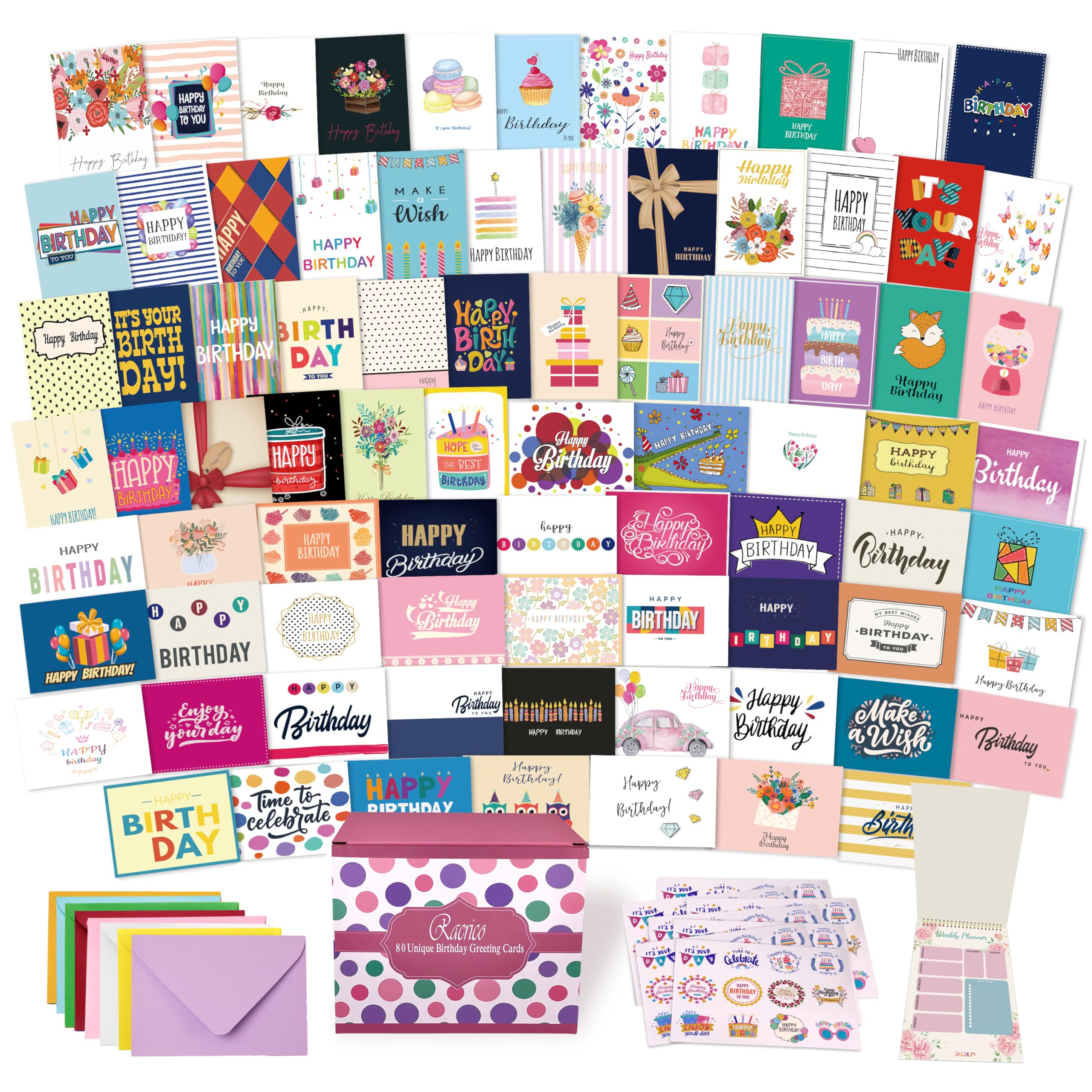 80 Unique Birthday Cards- Happy Birthday Cards Bulk With Greetings Inside – Assorted Birthday Cards With Envelopes and Stickers -Large Birthday Cards 5 x 7 inches- Birthday Cards Greeting Cards Bulk Box Set