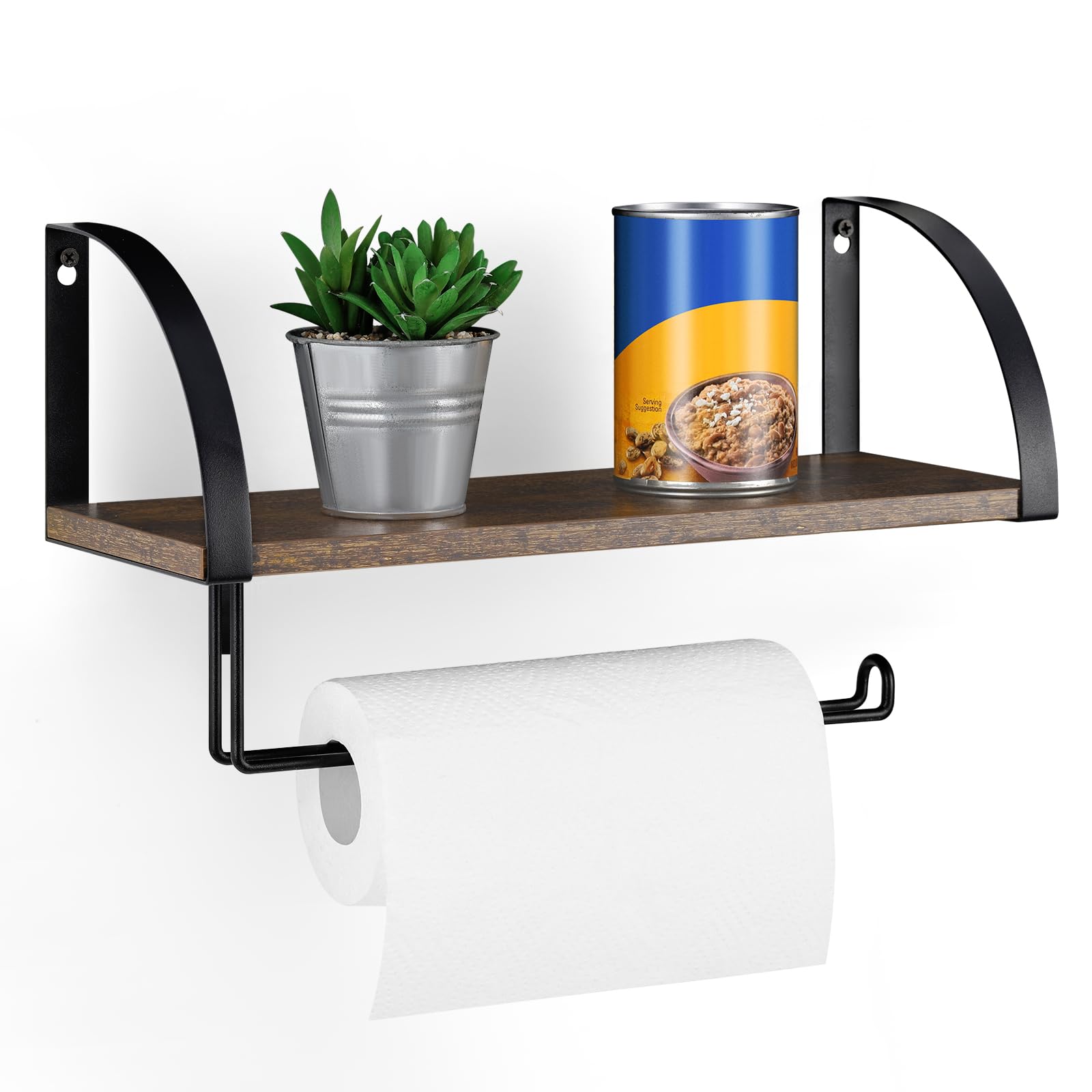 BTY Paper Towel Holder with Shelf, Vintage Farmhouse Wall Mounted Paper Towel Holder Under Cabinet Spice Rack for Kitchen, Bathroom Toilet Paper Dispenser - Rustic Brown