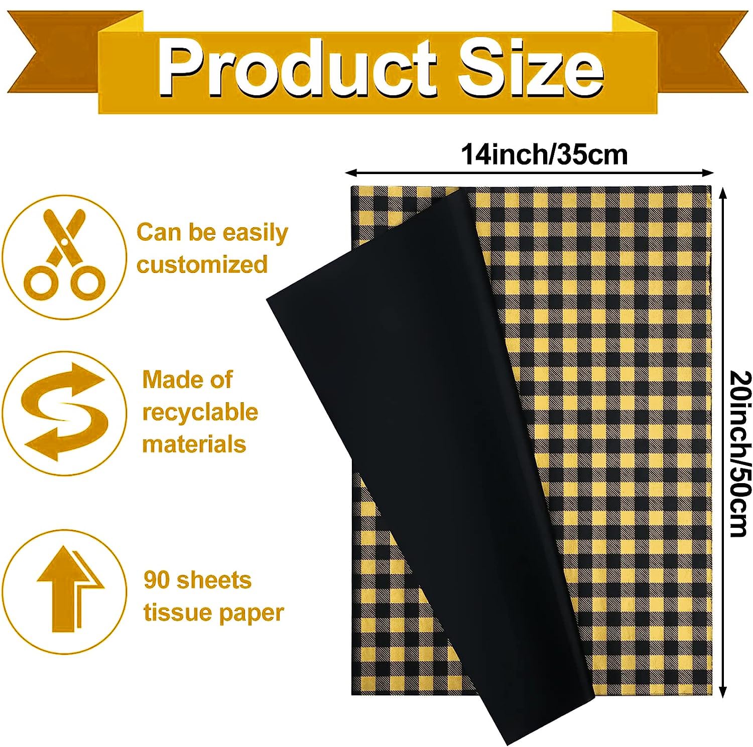 Bolsome 100 Sheets Gold Black Tissue Paper Bulk, 14"x20" Metallic Tissue Paper with Buffalo Plaid, Star, Stripe, Polka Dot, Wave Gold Design Patterned for 2023 Graduation Gift Wrapping