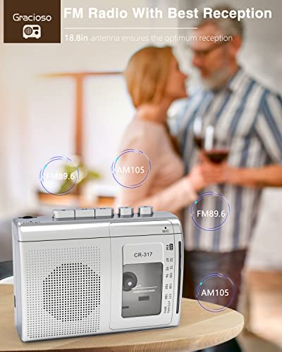 Gracioso Portable Cassette Player Recorder with Bluetooth Transmitter, AM FM Walkman Cassette Player with Headphone Jack & Big Speaker,Microphone Jack, 2*AA Battery Opearated Cassette Tape Player