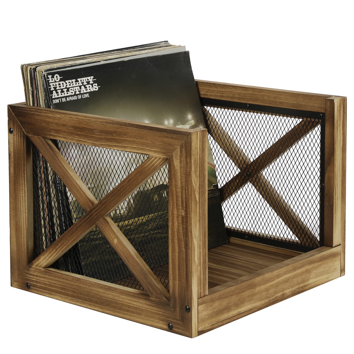 FARM IN Vinyl Record Storage Crate, Open Face Design Record Holder Holds Over 65 Records, Both Direction Available, Barn Door “X-Cross” Design, Rustic Solid Burnt Wood and Diamond Metal Wire Mesh