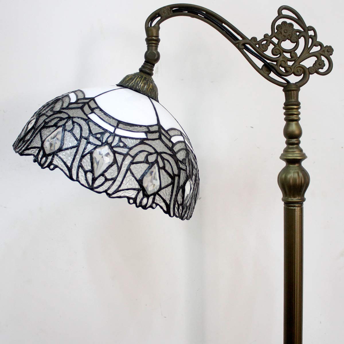 WERFACTORY Tiffany Floor Lamp White Crystal Bent Stained Glass Arched Lamp 12X18X64 Inches Gooseneck Adjustable Corner Standing Reading Light Decor Bedroom Living Room S508W Series