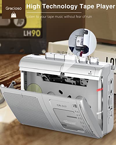 Gracioso Portable Cassette Player Recorder with Bluetooth Transmitter, AM FM Walkman Cassette Player with Headphone Jack & Big Speaker,Microphone Jack, 2*AA Battery Opearated Cassette Tape Player