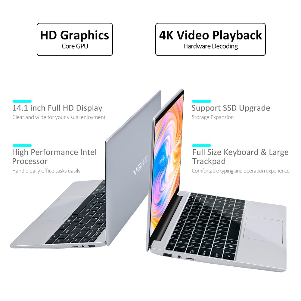 VGKE B14 Windows 10 Laptop, 14 inches Full HD 1920*1080 IPS 100% sRGB Display, Itel X7-E3950 Quad-Core, 6GB LPDDR3, 128GB SSD, Expandable 1TB, 4K, WiFi, BT4.0 (Silver)
