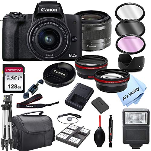 Canon EOS M50 Mark II Mirrorless Digital Camera with 15-45mm Zoom Lens Lens + 128GB Card, Tripod, Case, and More (24pc Bundle) (Renewed)