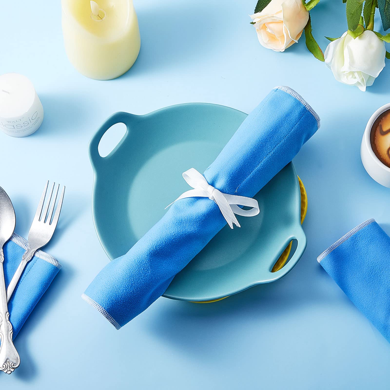 Silver Storage Bags Silver Storage Cloth Anti Tarnish Silver Protector Bags Blue Holder for Silverware Flatware Storage Organizer Place Setting Roll with White Ribbon for Kitchen Utensils (4 Pieces)