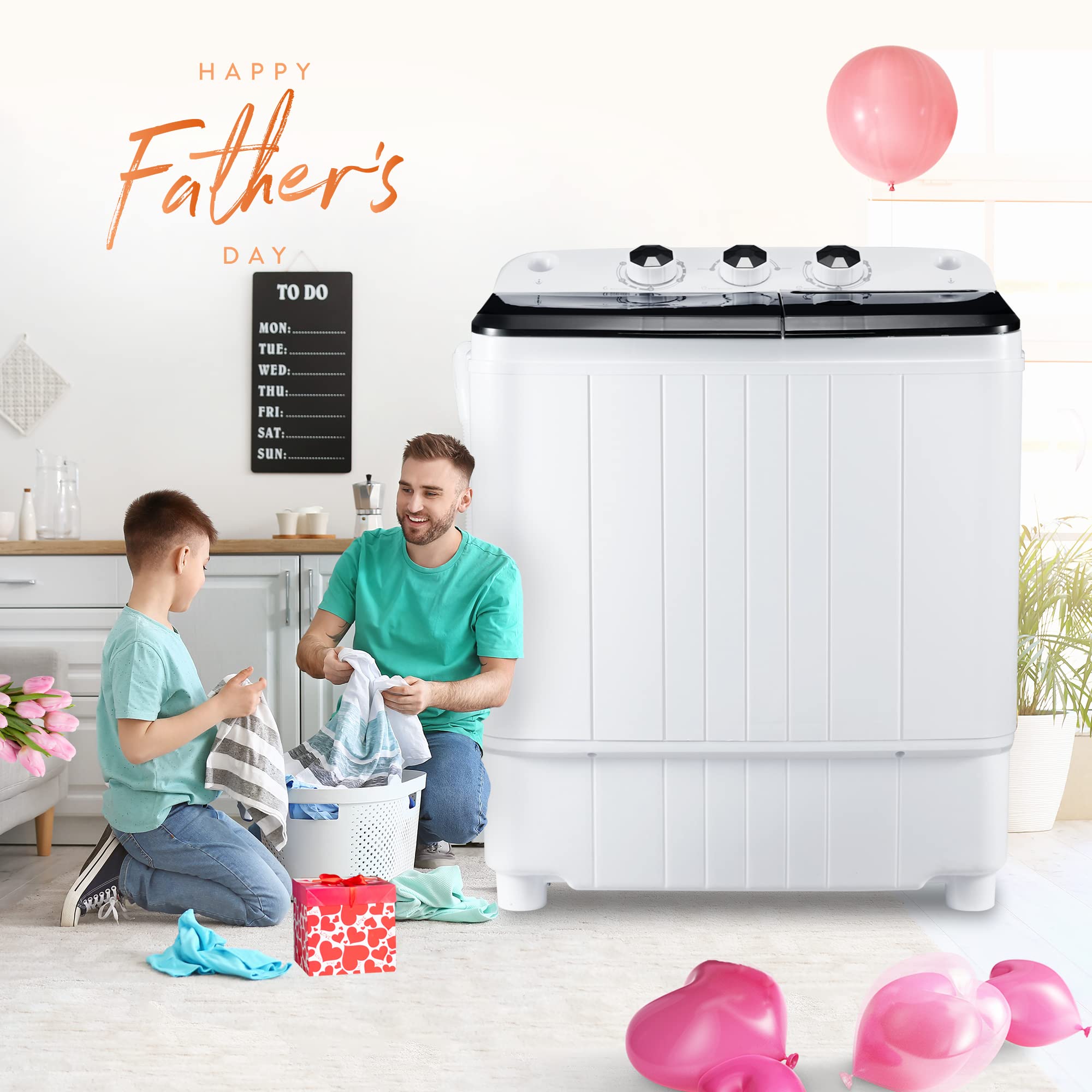 Portable Washing Machine 15Lbs Capacity Washer and Dryer Combo 2 In 1 Mini Compact Twin Tub Washing Machine Laundry Washer(9Lbs) & Spinner(6Lbs) with Built-in Gravity Drain Pump,Low Noise and Easy Store for Apartment,Dorms,RV Camping (Black)