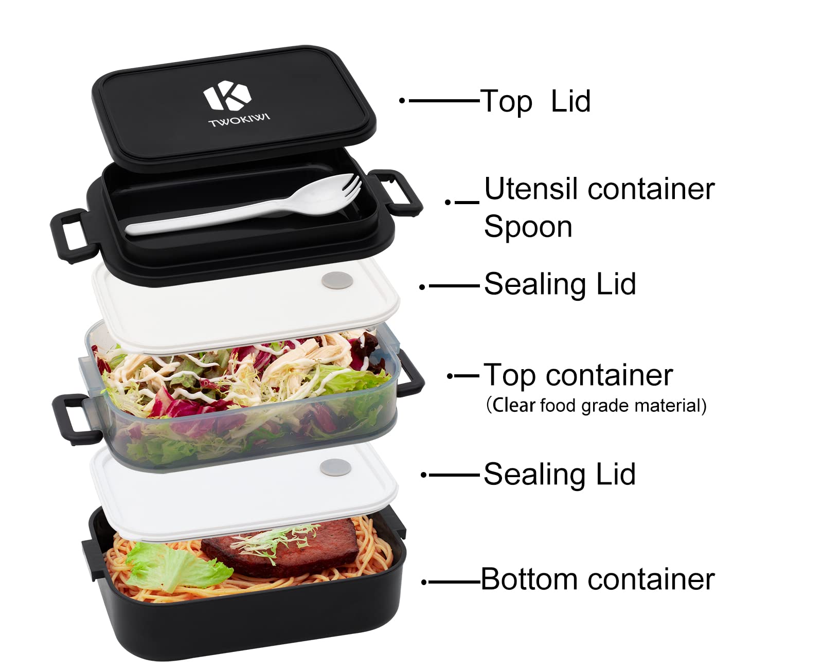TWOKIWI Bento Box Adult Lunch Box – Lunch Containers for Adults/Kids – 7 Cup Bento Lunch Box with 3 Compartments & Fork, Microwave,Dishwasher & Freezer Safe (Classic Black)