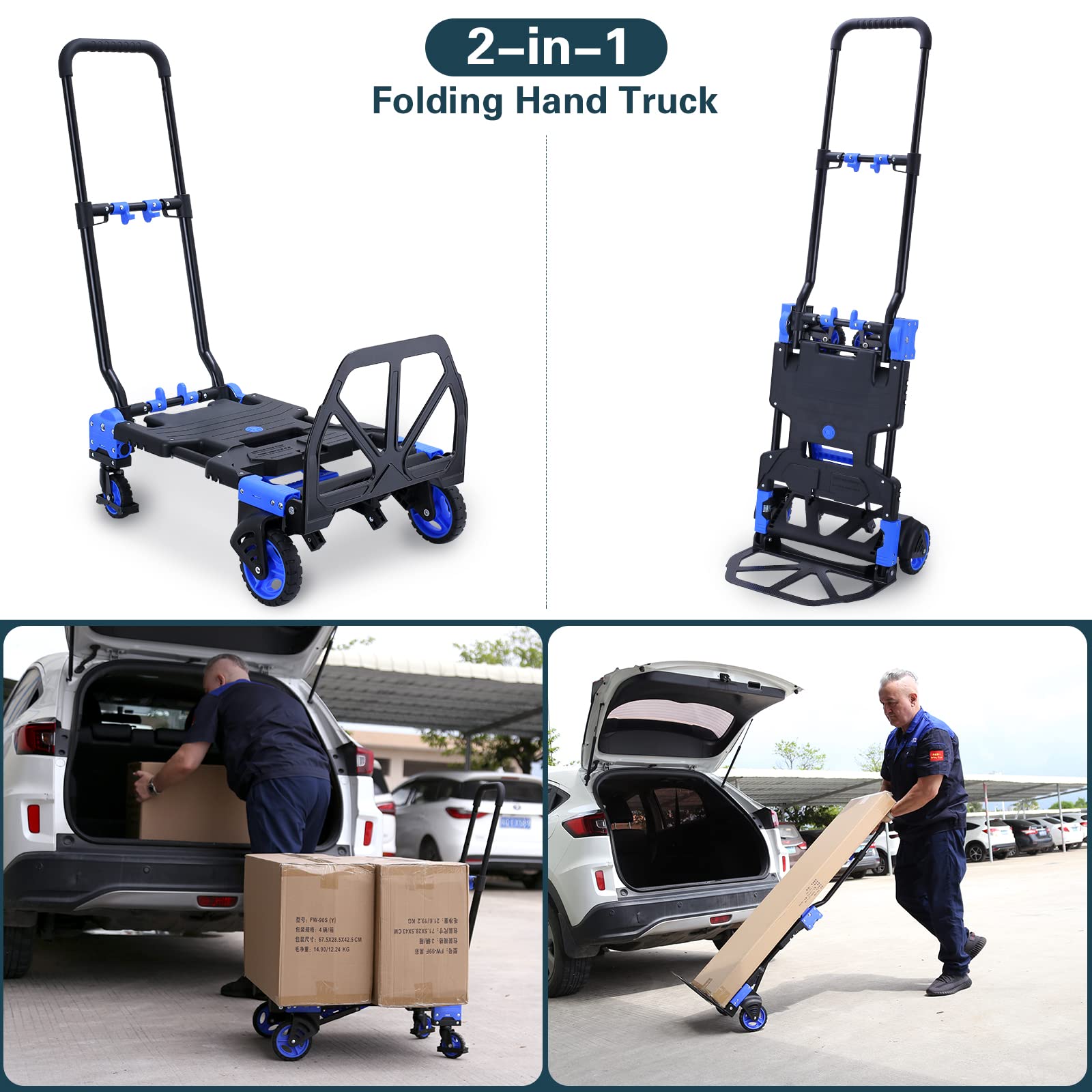 2-in-1Folding Hand Truck with Folding Basket, 330LBS Capacity handtruck,Dolly cart with Retractable Handle,Hand Truck Foldable Dolly with 4 Wheels,Portable Hand cart