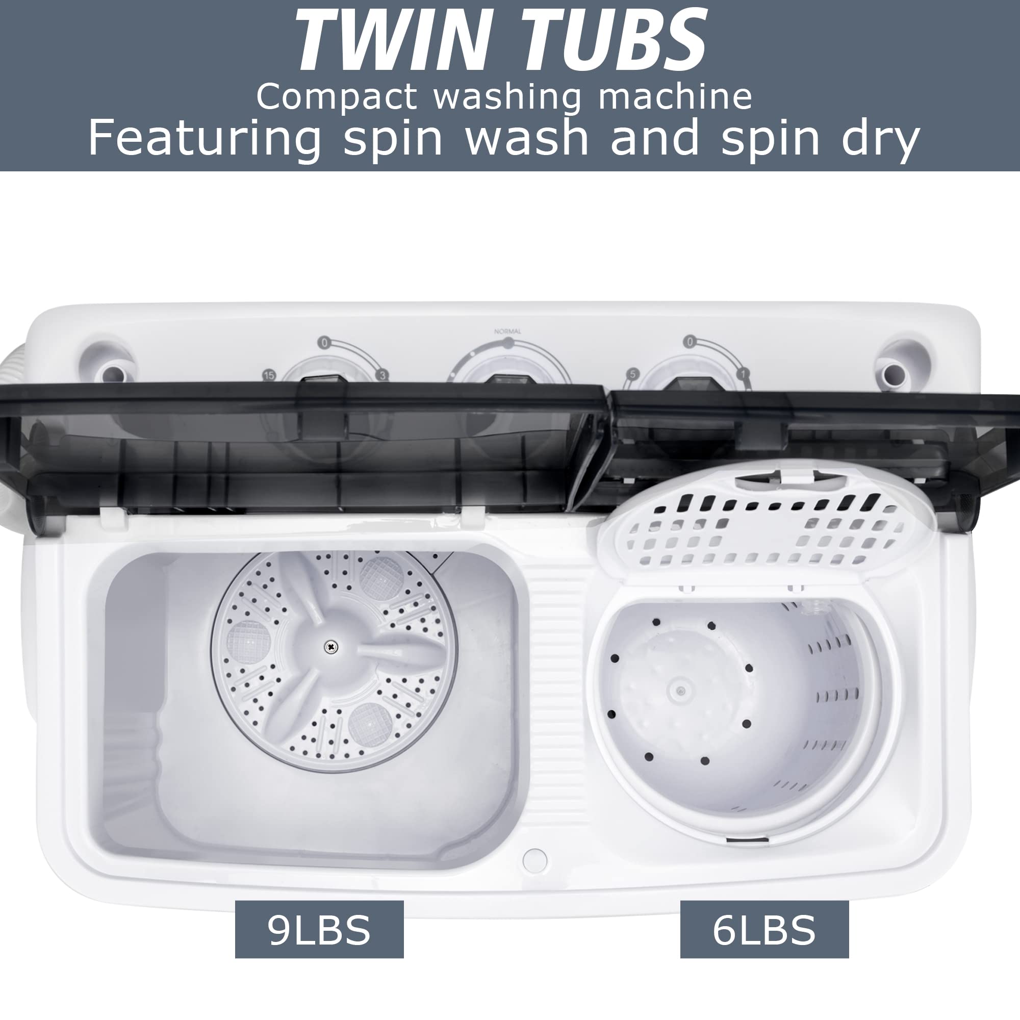 Portable Washing Machine 15Lbs Capacity Washer and Dryer Combo 2 In 1 Mini Compact Twin Tub Washing Machine Laundry Washer(9Lbs) & Spinner(6Lbs) with Built-in Gravity Drain Pump,Low Noise and Easy Store for Apartment,Dorms,RV Camping (Black)
