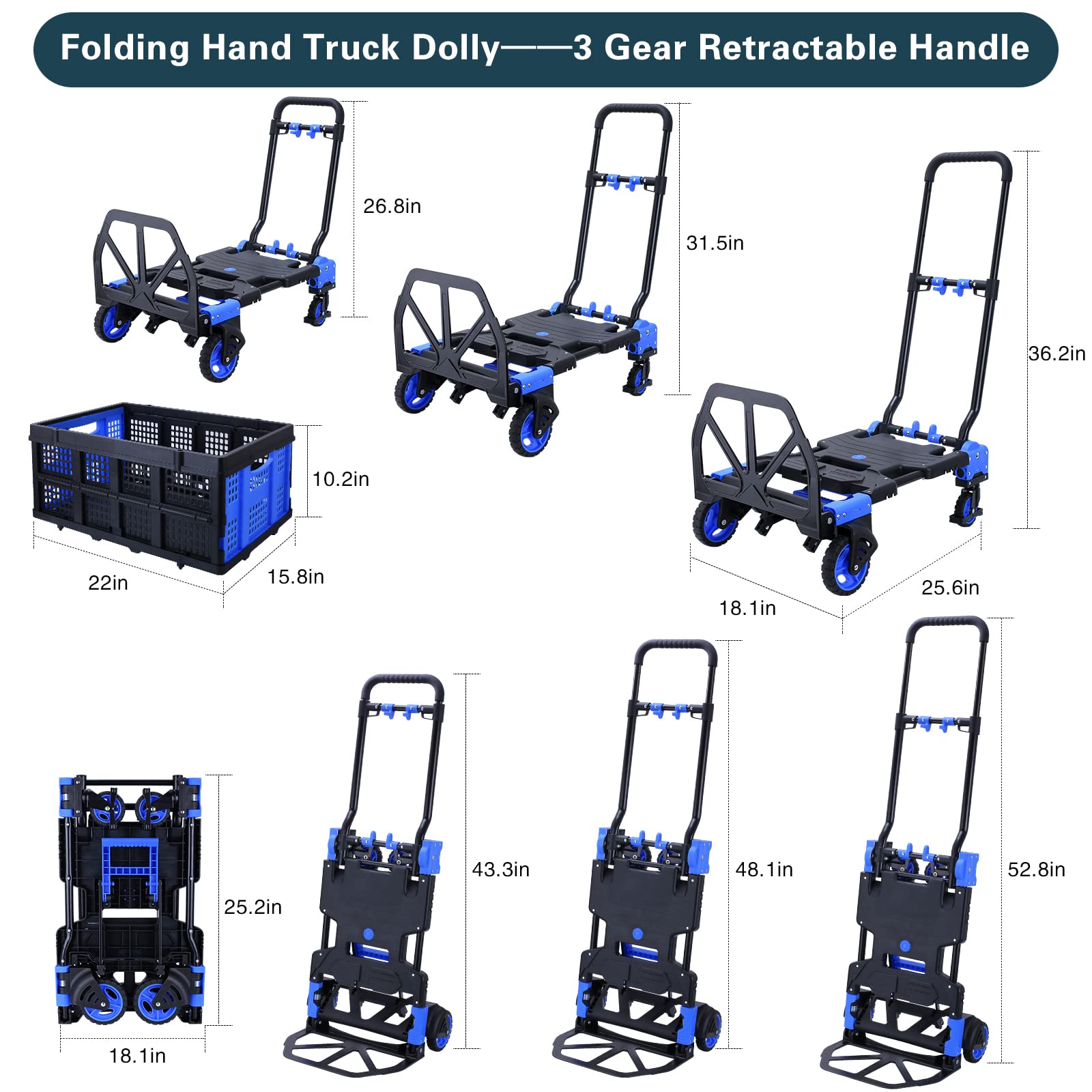 2-in-1Folding Hand Truck with Folding Basket, 330LBS Capacity handtruck,Dolly cart with Retractable Handle,Hand Truck Foldable Dolly with 4 Wheels,Portable Hand cart