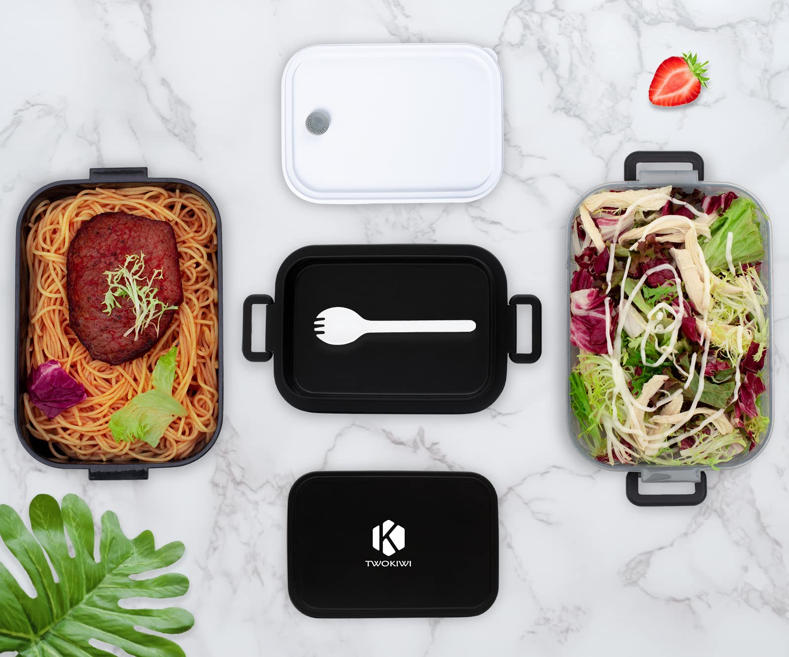 TWOKIWI Bento Box Adult Lunch Box – Lunch Containers for Adults/Kids – 7 Cup Bento Lunch Box with 3 Compartments & Fork, Microwave,Dishwasher & Freezer Safe (Classic Black)