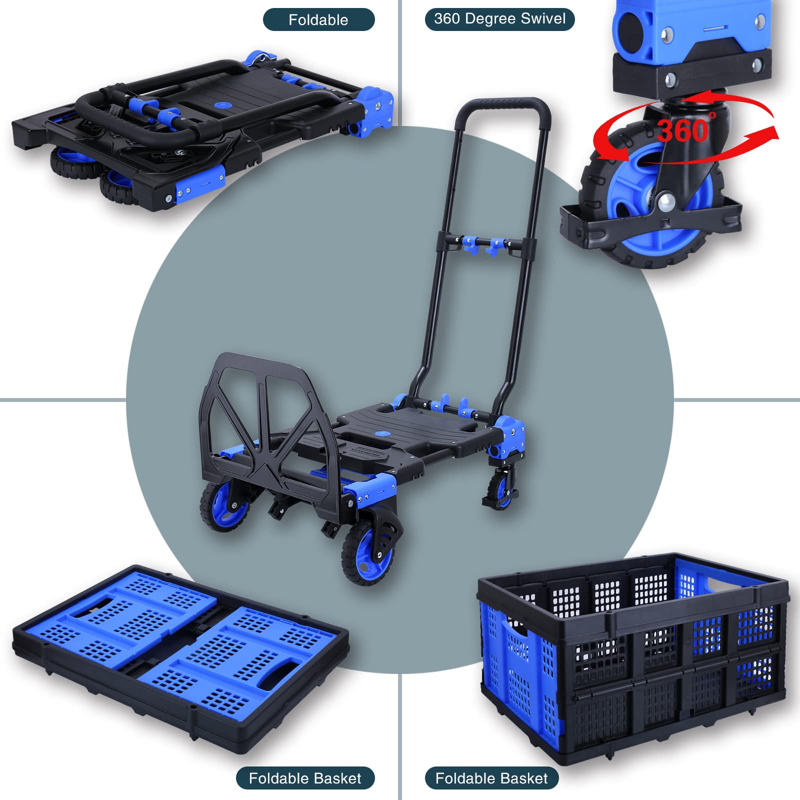 2-in-1Folding Hand Truck with Folding Basket, 330LBS Capacity handtruck,Dolly cart with Retractable Handle,Hand Truck Foldable Dolly with 4 Wheels,Portable Hand cart
