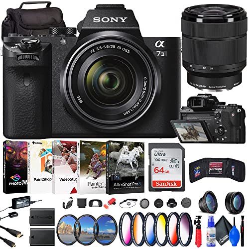 Sony a7 II Mirrorless Camera with 28-70mm Lens (ILCE7M2K/B) FE 55mm Lens (SEL55F18Z) + Filter Kit + Bag + 64GB Card + NPF-W50 Battery + Card Reader + Corel Photo Software + HDMI Cable + More