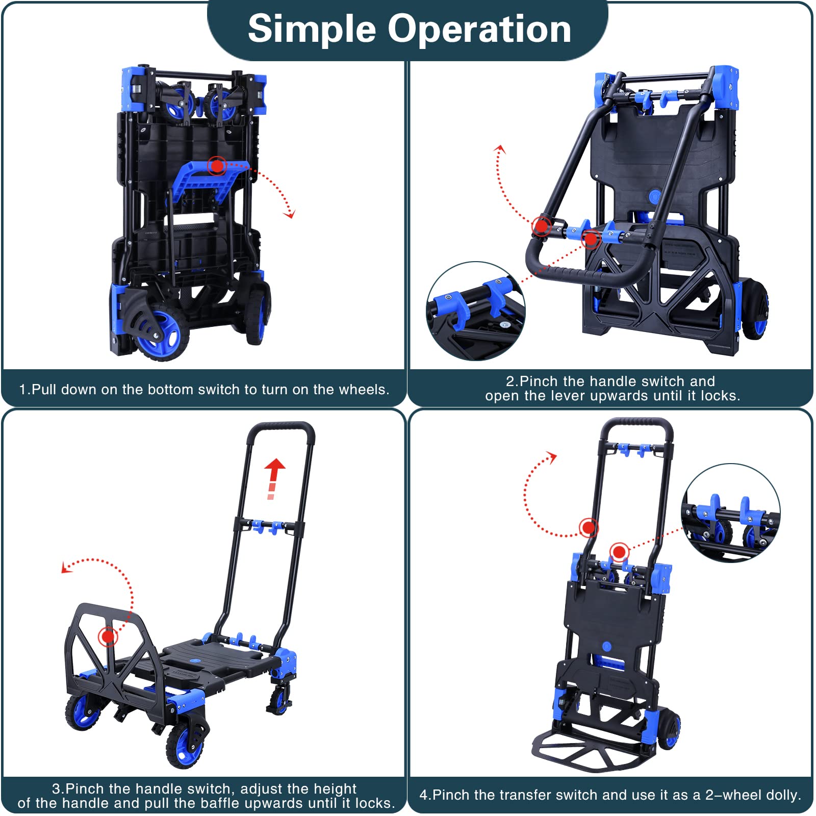 2-in-1Folding Hand Truck with Folding Basket, 330LBS Capacity handtruck,Dolly cart with Retractable Handle,Hand Truck Foldable Dolly with 4 Wheels,Portable Hand cart