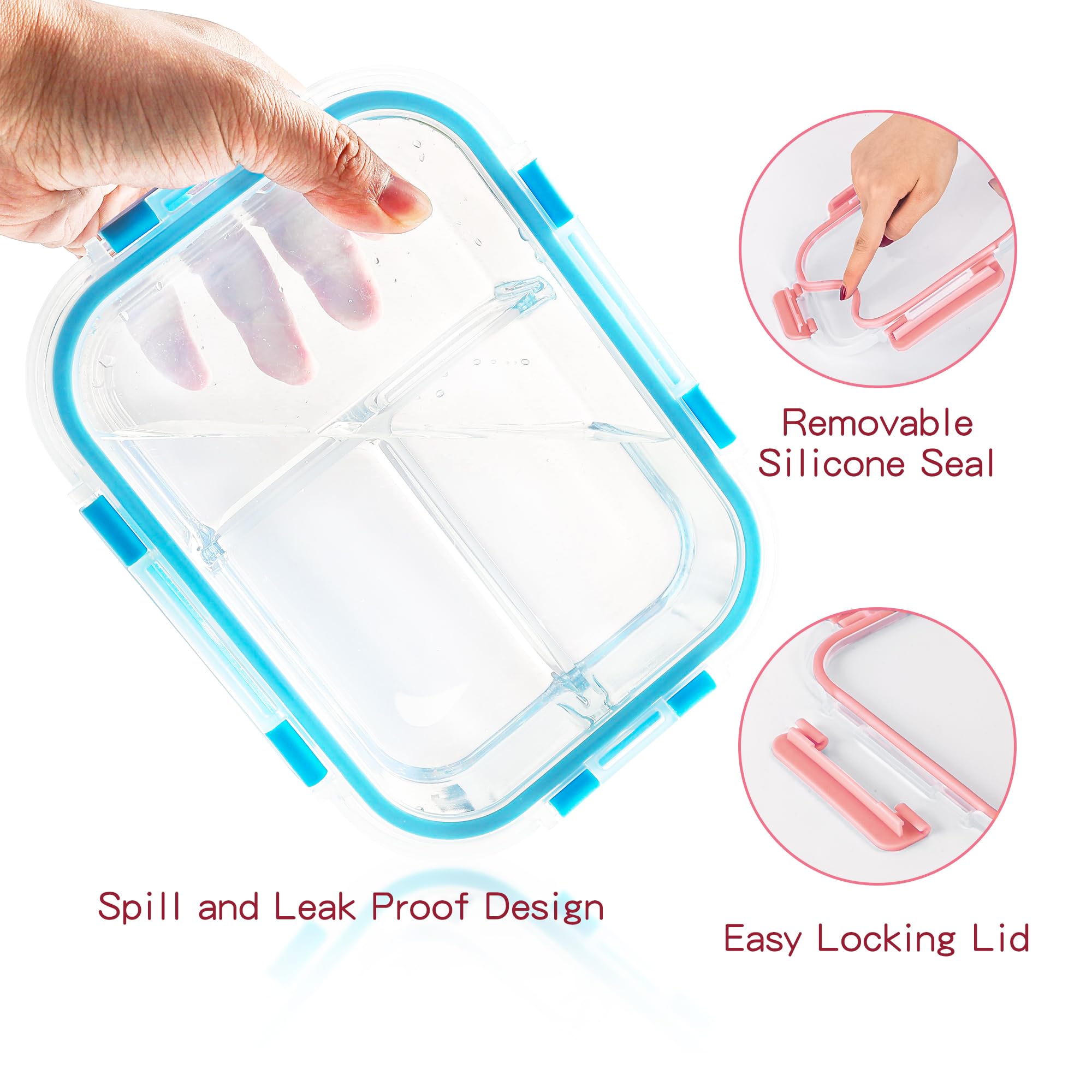Glass Food Storage Containers 3 Compartment with Lids (5 Pack, 34oz), Divided Glass Meal Prep Containers for Lunch at Work, Leak-Proof Portion Control Food Containers, Microwave/Dishwasher Safe