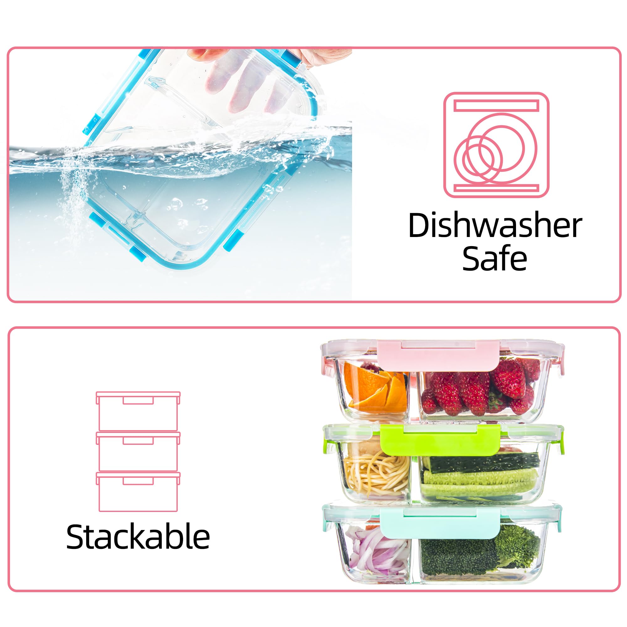 Glass Food Storage Containers 3 Compartment with Lids (5 Pack, 34oz), Divided Glass Meal Prep Containers for Lunch at Work, Leak-Proof Portion Control Food Containers, Microwave/Dishwasher Safe