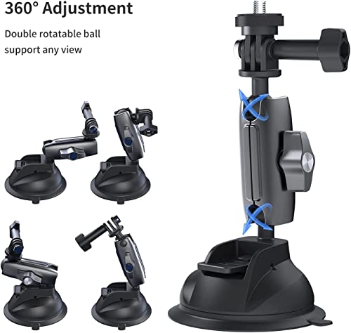 REYGEAK Suction Cup Car Mount with Phone Holder with 1/4 Thread, Windshield Dashboard Vehicle Attach for GoPro Max Mini Hero 11 10 9 8 7 6 Insta360 DJI Action AKASO Accessories(Aluminum Alloy)