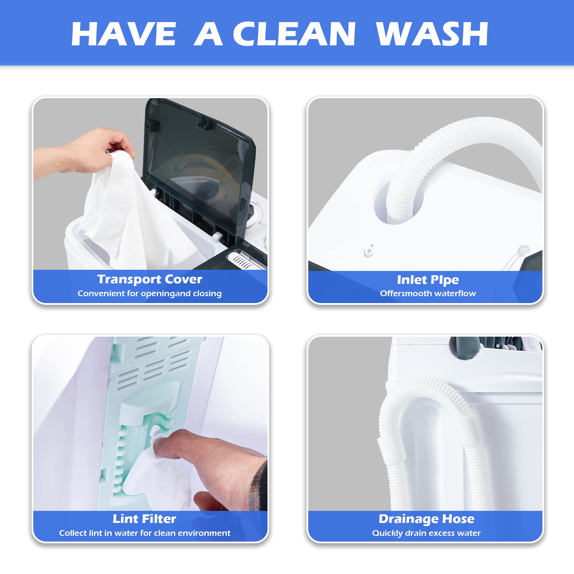 Portable Washing Machine 15Lbs Capacity Washer and Dryer Combo 2 In 1 Mini Compact Twin Tub Washing Machine Laundry Washer(9Lbs) & Spinner(6Lbs) with Built-in Gravity Drain Pump,Low Noise and Easy Store for Apartment,Dorms,RV Camping (Black)