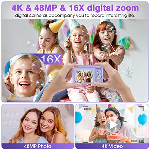 Digital Camera, Nsoela 4K FHD 48MP Kids Camera with 32 GB Card, Compact Point and Shoot Camera, 2.8" LCD Screen,16X Digital Zoom, Portable Mini Kids Camera for Teens,Students,Children (Purple)