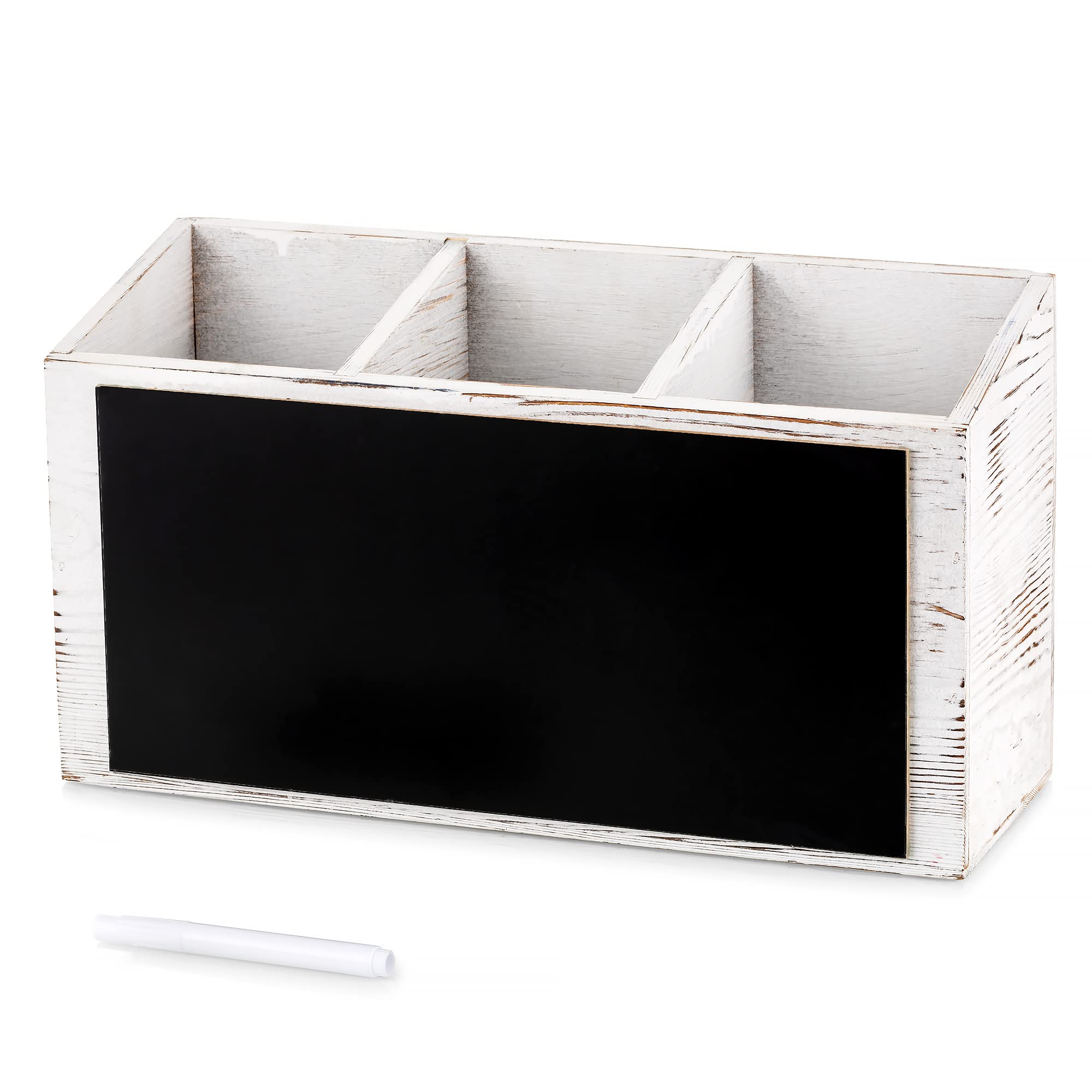 Hanobe Kitchen Utensil Holder with 3 Compartments & Chalkboard Front Panel:Wooden Cooking Utensils Organizer Vintage Washed White Cutlery Holder Rustic Flatware Utensil Caddy Countertop for Silverware