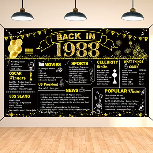 DARUNAXY 35th Birthday Black Gold Party Decoration, Back in 1988 Banner 35 Year Old Birthday Party Poster Supplies Vintage 1988 Backdrop Photography Background for Men & Women 35th Class Reunion Decor