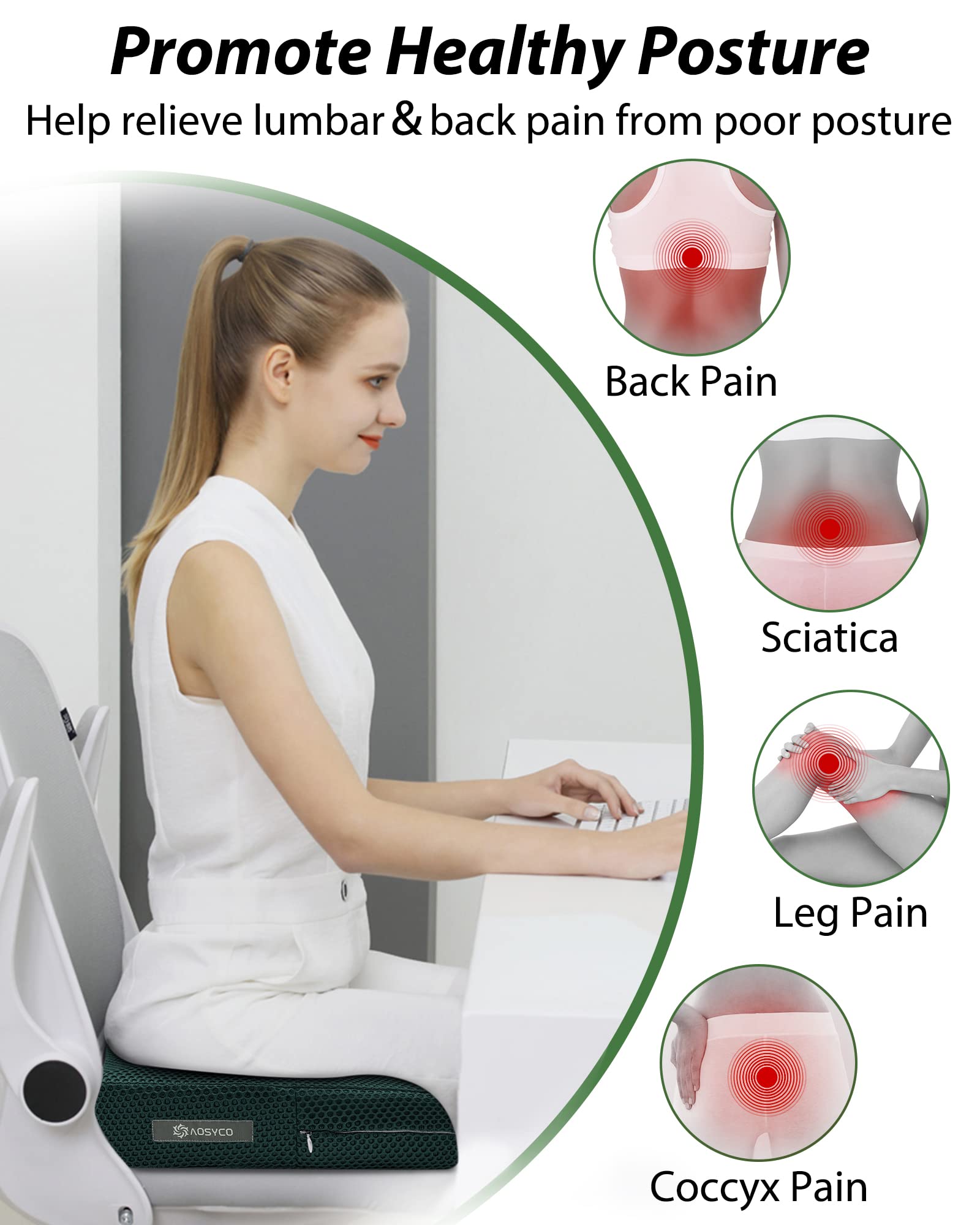 AOSYCO 4D Airflow Seat Cushion, Long Sitting Office Chair Pad, Pressure Relief Cushion Butt Lumbar Back Support, Extremely Easy Cleaning for Wheelchairs, Outdoor Patio with Covers, 1in (Height)