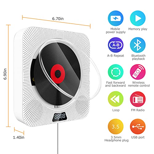 Wall Mountable CD Player Bluetooth: CD Player for Home with LCD Display Remote Control - Built-in HiFi Speakers FM Radio, Support CD/MP3/USB/TF/AUX Input Output/time and Alarm Clock