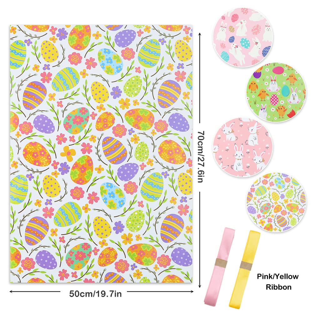 Easter Wrapping Paper,8 Sheets 4 Design Bunny Eggs Chicks Pattern Birthday Gift Wrap,20 x 28inch Cute Wrapping Paper Sheets With Ribbon for Easter Spring Party All Occasion Girls Boys Baby Shower