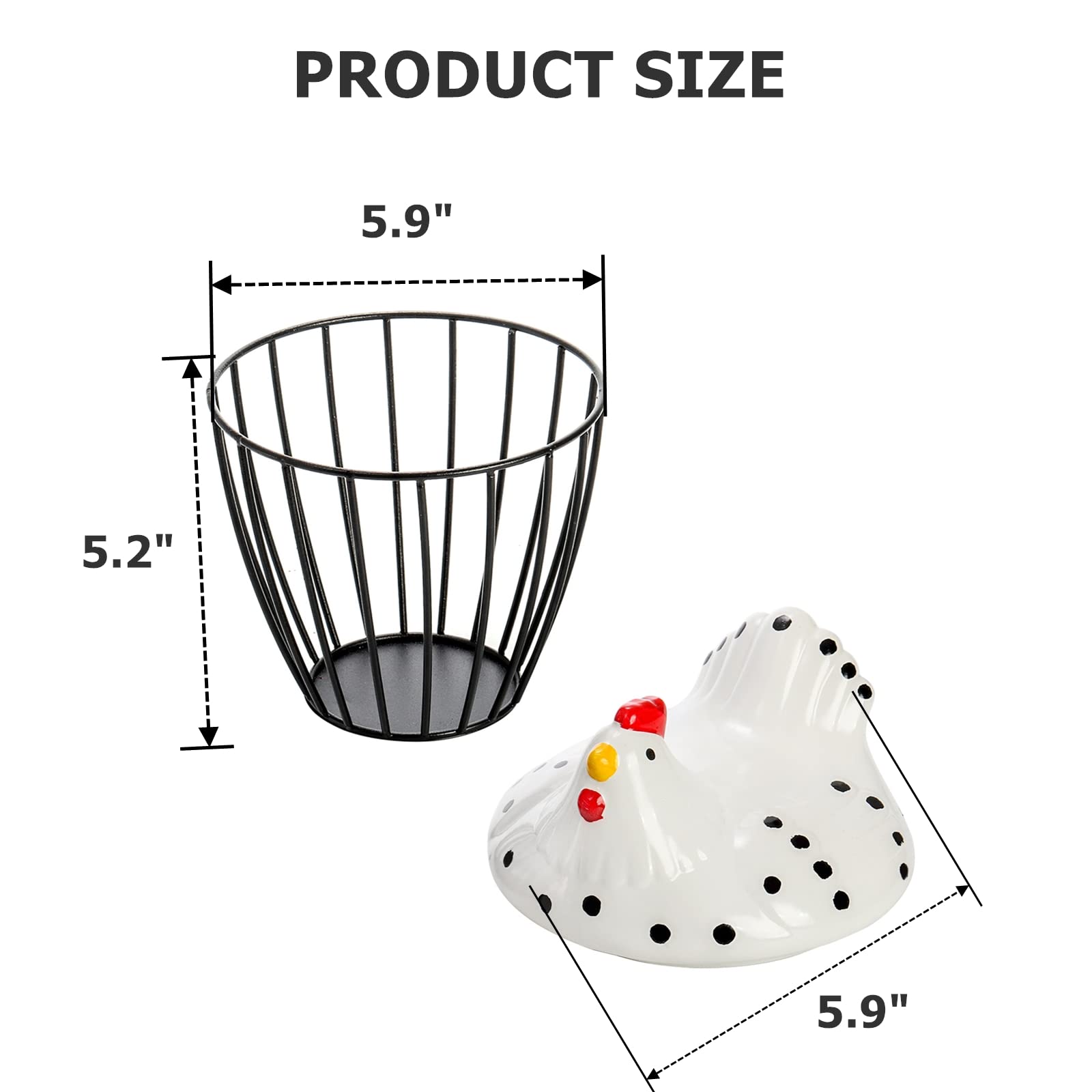 Yopay Egg Basket, Metal Wire Chicken Egg Holder, Countertop Egg Collecting Basket with Ceramic Lid for Gathering Fresh Eggs, Farmhouse Rustic Round Wire Egg Container for Kitchen Supplies, Pantry