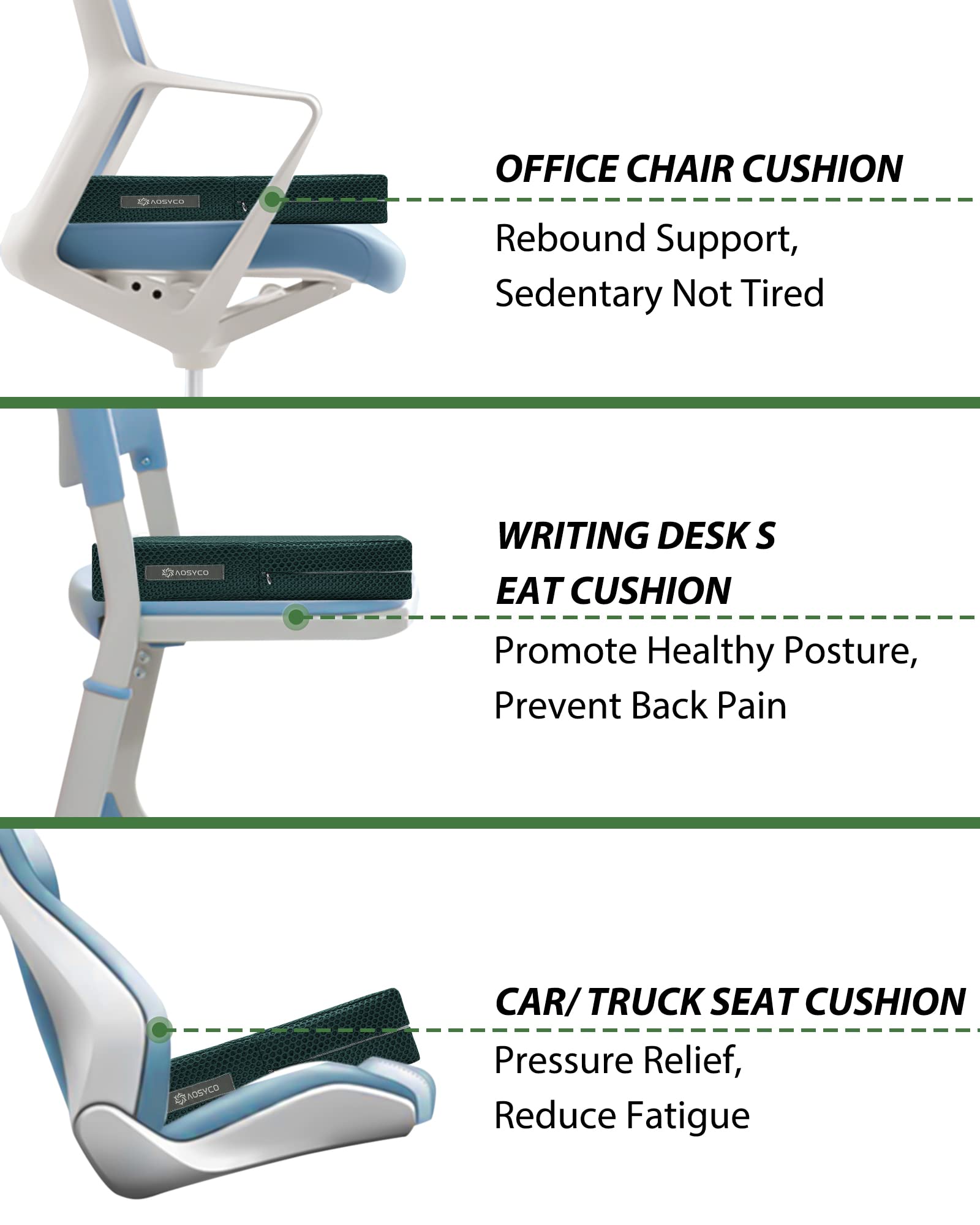 AOSYCO 4D Airflow Seat Cushion, Long Sitting Office Chair Pad, Pressure Relief Cushion Butt Lumbar Back Support, Extremely Easy Cleaning for Wheelchairs, Outdoor Patio with Covers, 1in (Height)