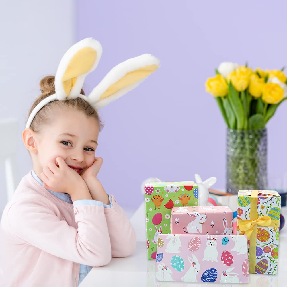 Easter Wrapping Paper,8 Sheets 4 Design Bunny Eggs Chicks Pattern Birthday Gift Wrap,20 x 28inch Cute Wrapping Paper Sheets With Ribbon for Easter Spring Party All Occasion Girls Boys Baby Shower