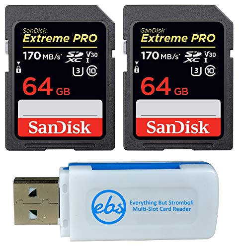 SanDisk 64GB (Two Pack) Extreme Pro Memory Card (SDSDXXY-064G-GN4IN) SDXC 4K V30 UHS-I with Everything But Stromboli (TM) Combo Reader