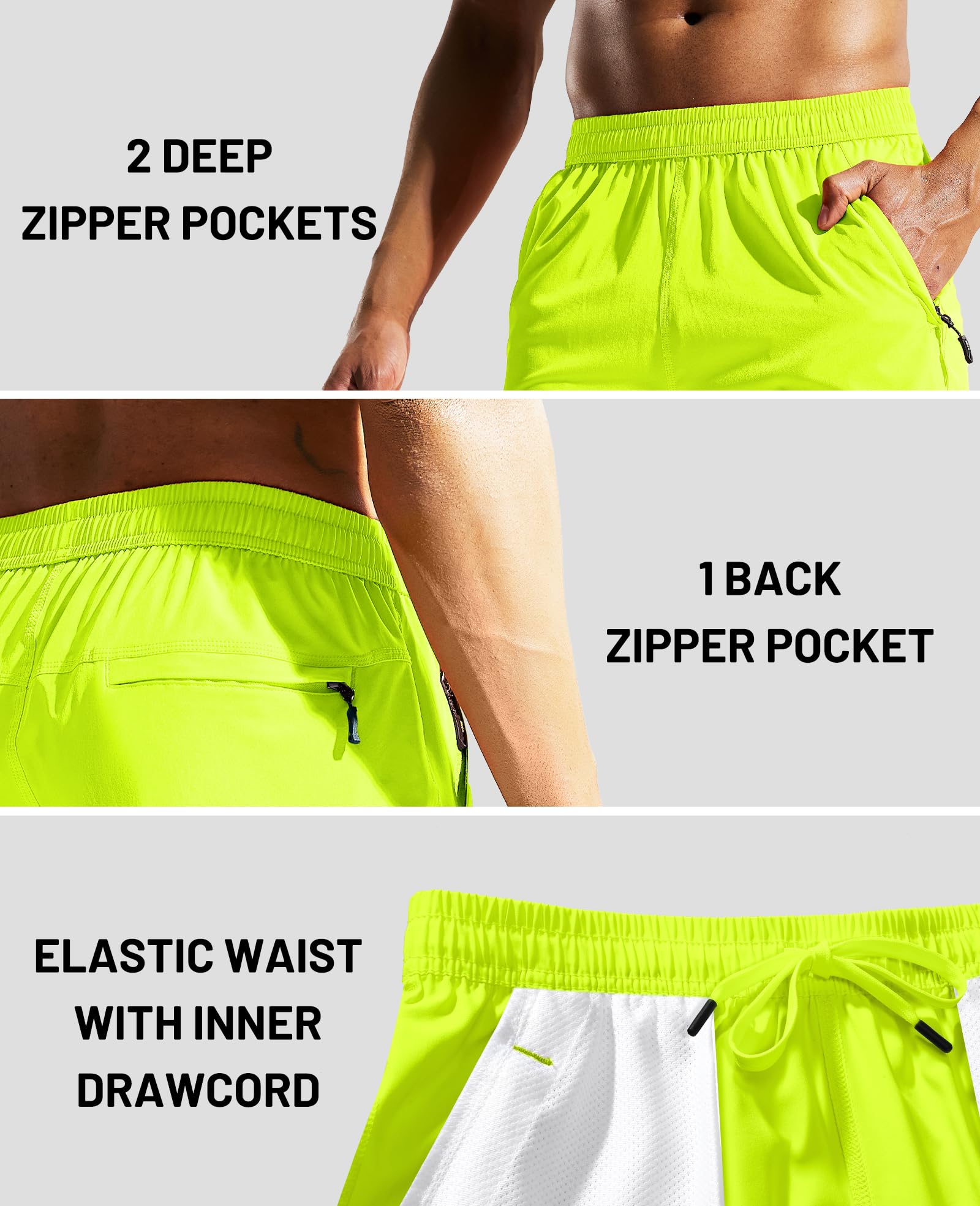 MIER Men's Athletic Shorts Workout Running Quick Dry Lightweight Gym Shorts with Zip Pockets 7" Inseam, Neon Green, Medium