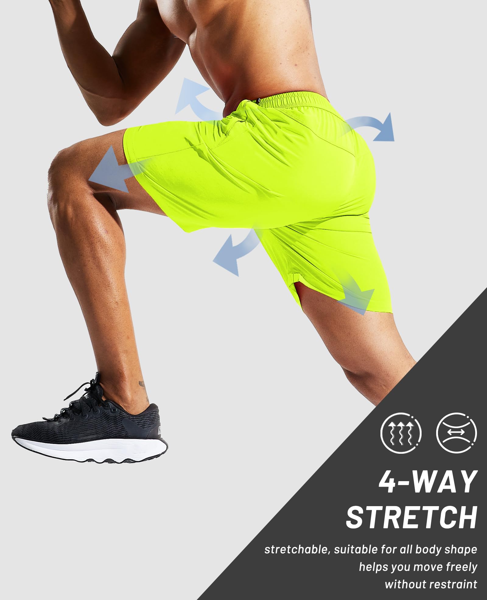 MIER Men's Athletic Shorts Workout Running Quick Dry Lightweight Gym Shorts with Zip Pockets 7" Inseam, Neon Green, Medium