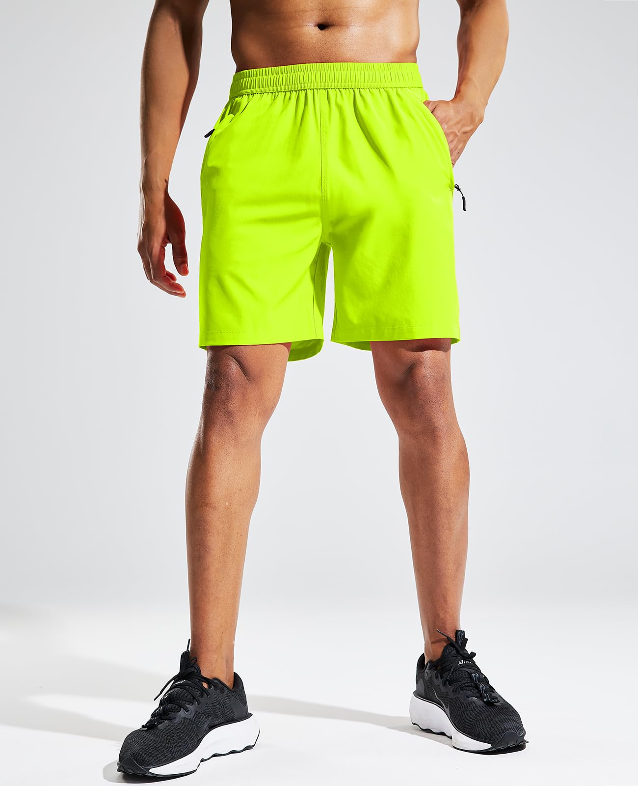 MIER Men's Athletic Shorts Workout Running Quick Dry Lightweight Gym Shorts with Zip Pockets 7" Inseam, Neon Green, Medium