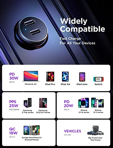 USB C Car Charger Fast Charging, 60W PD (30W+30W) Super Fast Car Charger, iPhone Car Charger Samsung Car Charger with 3.3ft C to C/L Cable for iPhone 14 13 12 iPad Samsung Galaxy S23/22 Google Pixel