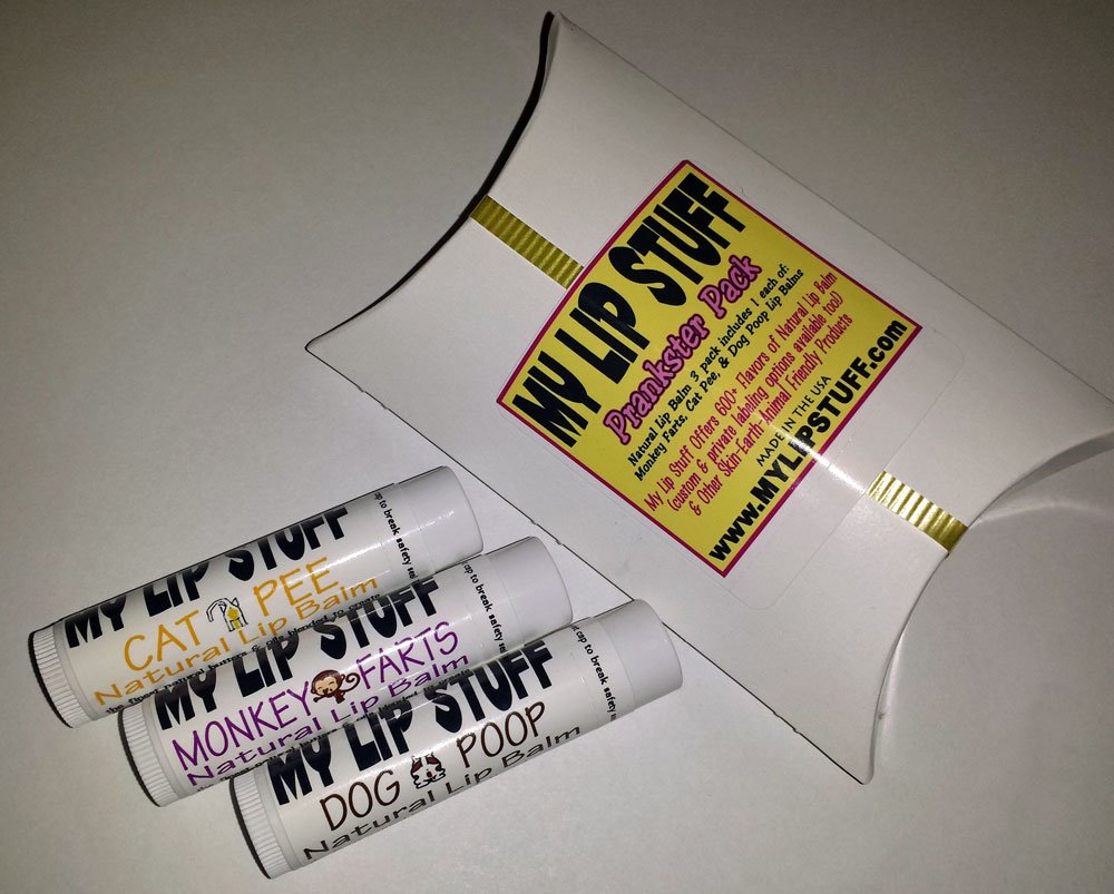 My Lip Stuff Prankster Pack (Monkey Farts, Dog Poop, cat Pee) Natural Lip Balm Set