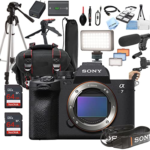 Sony a7 IV Mirrorless Camera Body (NO Lens) + LED Always on Light + 128GB Memory, Filters, Case, Tripod + More (28PC Bundle Kit)