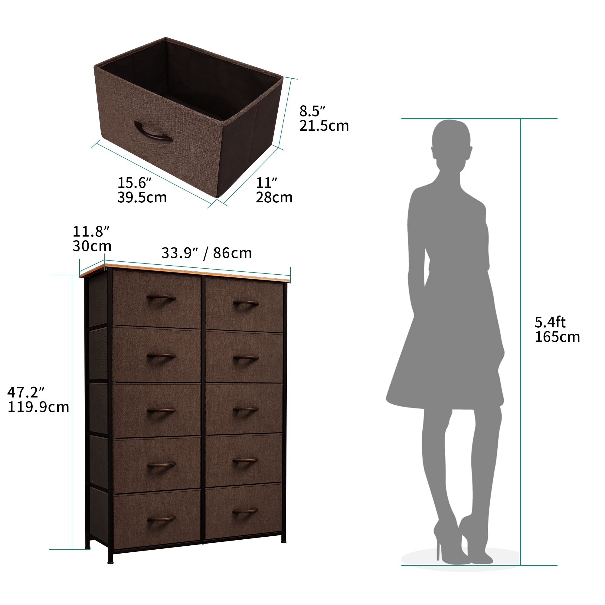 YITAHOME Tall Dresser with 10 Drawers, Furniture Storage Drawer Unit, Sturdy Steel Frame, Wooden Top & Easy Pull Fabric Bins, Organizer Tower Chest for Closet, Bedroom, Entryway, Nursery(Brown)