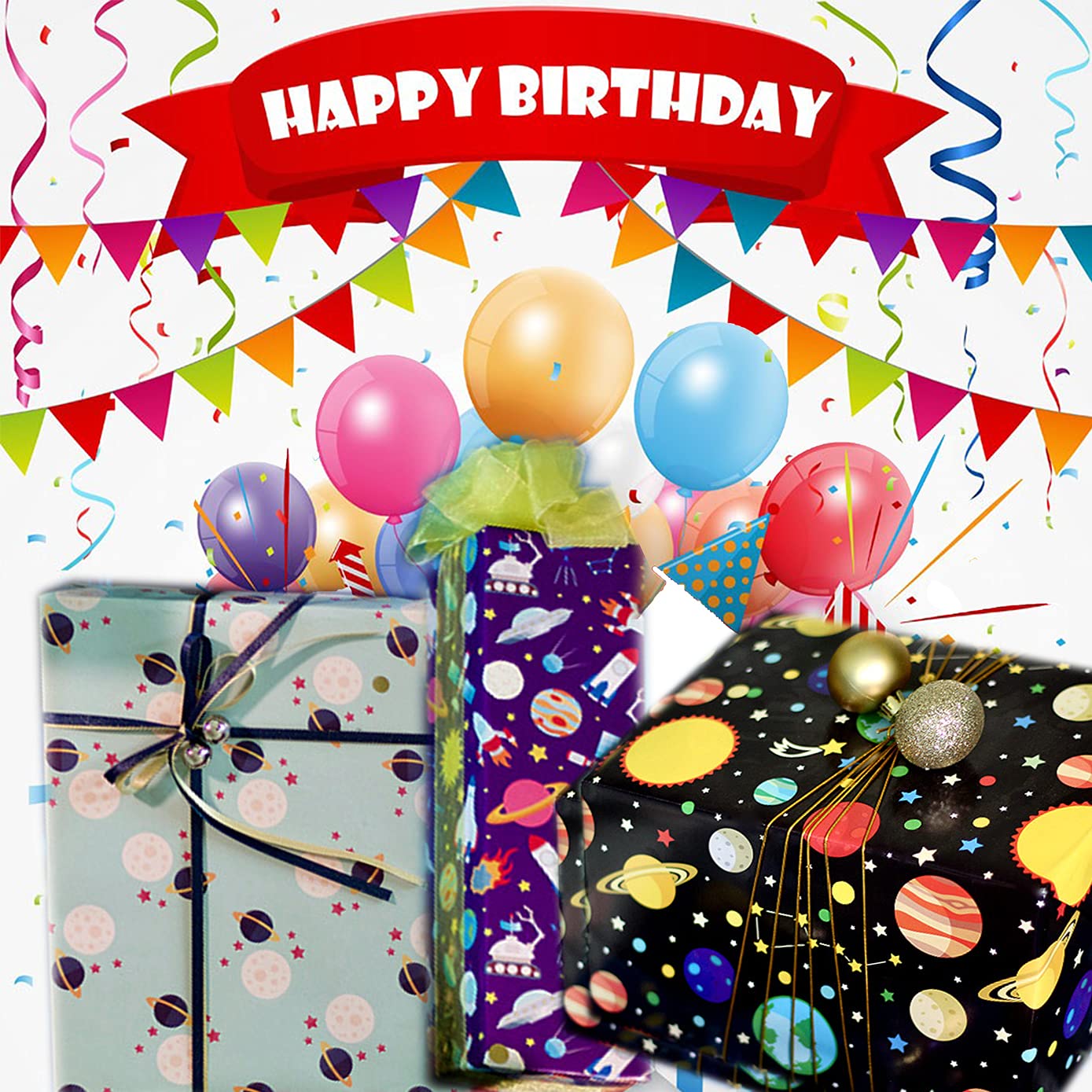poophe Solar System Wrapping Paper, Space Gift Wrap Paper Set, 5 Pack Folded Outer Space Theme Gift Wrap for Birthday Party Decoration DIY Craft Supplies 70 X 50cm
