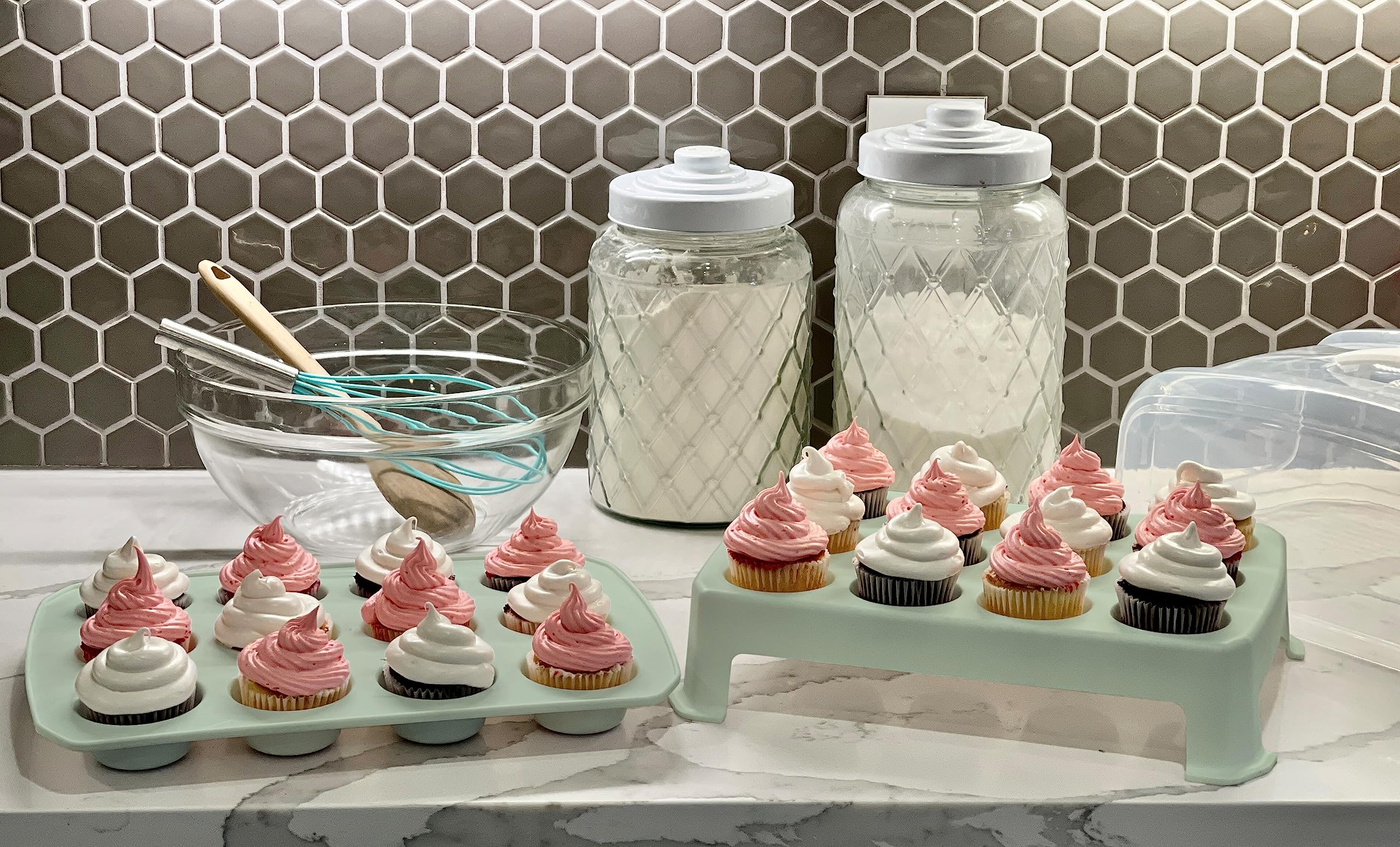 Top Shelf Elements Cupcake Carrier, Fashionable Green Cupcake Holder Carries 24 Standard-Size Cupcakes, Durable Muffin Traveler Two Tier Stand and Reusable Cupcake Box
