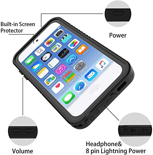 iPod Touch 7 Case Waterproof, DINGXIN IP68 Certified Waterproof Shockproof Dirtproof Snowproof Rugged Case for iPod Touch 7th Generation 2019 (Black)
