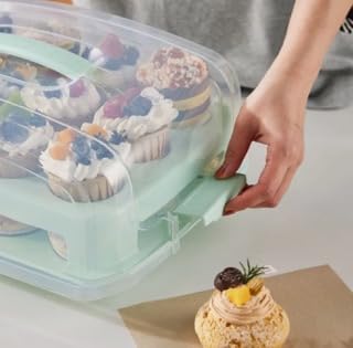 Top Shelf Elements Cupcake Carrier, Fashionable Green Cupcake Holder Carries 24 Standard-Size Cupcakes, Durable Muffin Traveler Two Tier Stand and Reusable Cupcake Box