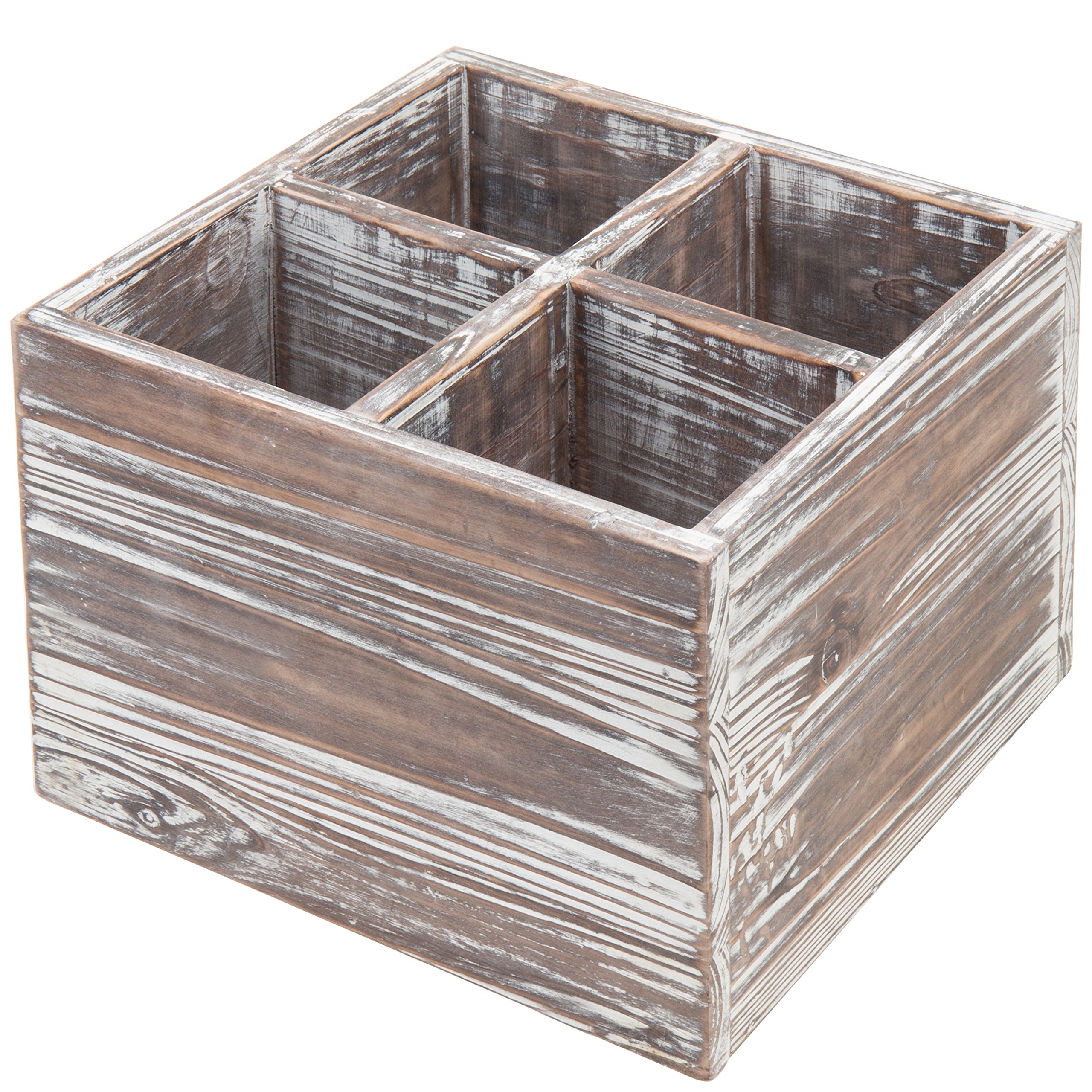 MyGift Rustic Torched Wood Square Cooking Utensil Holder for Kitchen Counter Organizer, Flatware Storage Caddy with 4 Divided Compartments