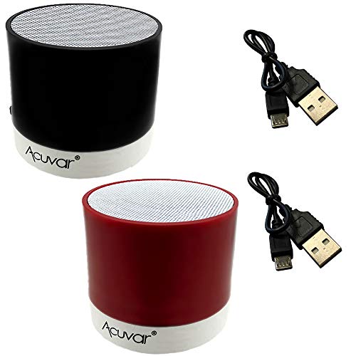 2 Acuvar Wireless Rechargeable Mini Speaker Pods with Micro SD Card Reader and USB Compatibility (Red & Black)