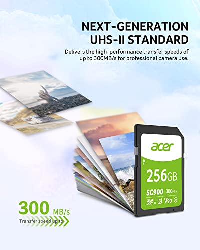 Acer SC900 256GB SDXC UHS-II Professional Digital SD Memory Card - C10, U3, V90, 4K, Full HD Video - Up to 300MB/s Read Speed for DSLR and Camera - BL.9BWWA.312